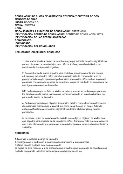 ACTA DE Conciliación CONCILIACIÓN DE CUOTA DE ALIMENTOS TENENCIA Y