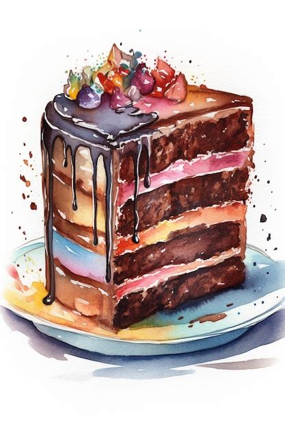 Una Pintura De Acuarela De Un Trozo De Pastel Con Glaseado De Chocolate