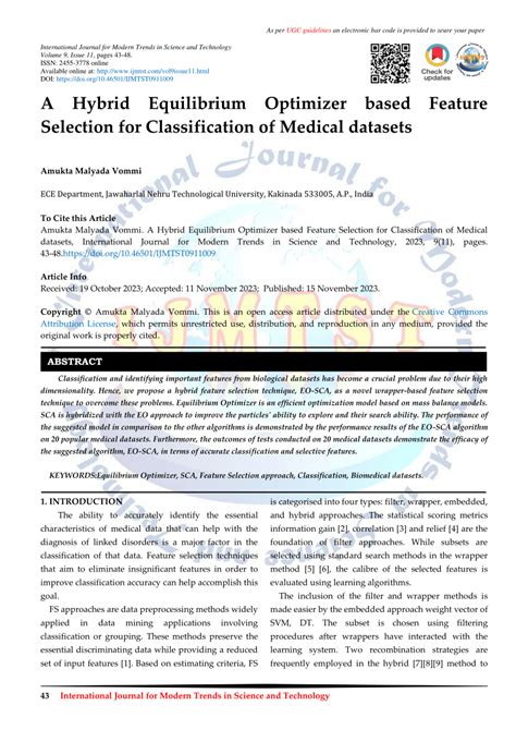 pdf a hybrid equilibrium optimizer based feature selection for classification of medical datasets