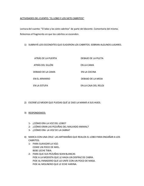 Actividades EL LOBO Y LOS Siete Cabritos ACTIVIDADES DEL CUENTO EL
