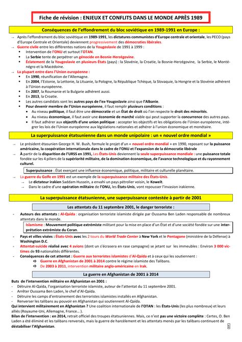 Fiche de révision ENJEUX ET CONFLITS DANS LE MONDE APRÈS 1989