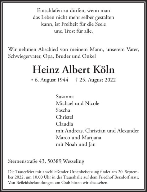 Traueranzeigen von Heinz Albert Köln WirTrauern