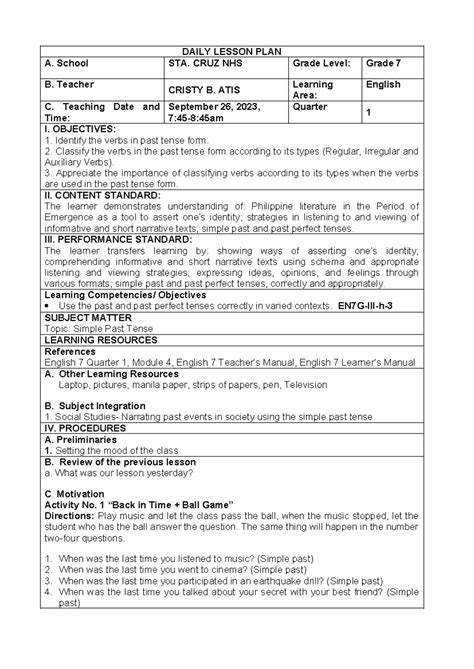 Lesson Plan Grade 7 Simple Past Tense DAILY LESSON PLAN A School