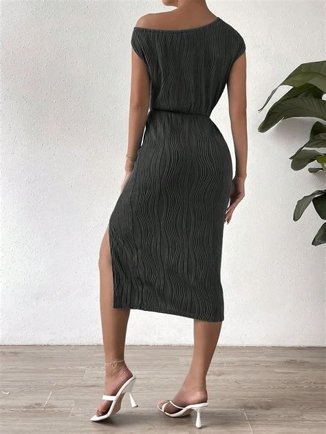 SHEIN Privé Asymmetrical Neck Split Thigh Dress SHEIN USA
