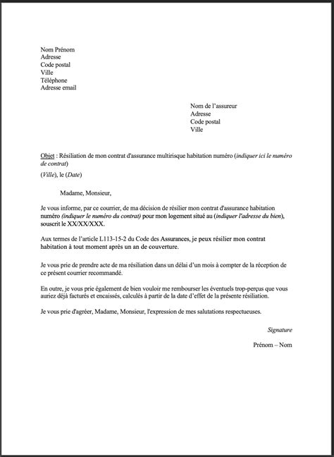 Lettre résiliation assurance habitation loi Hamon Mise à jour 2024