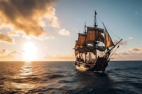 Un barco navegando en el océano con la puesta de sol detrás de él