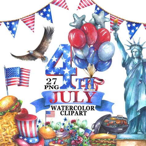 Watercolor 4th Of July Clipart Independence Day Patriotic Etsy