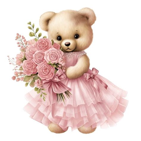 A Brown Teddy Bear Wearing A Pink Dress And Holding A Bouquet Of