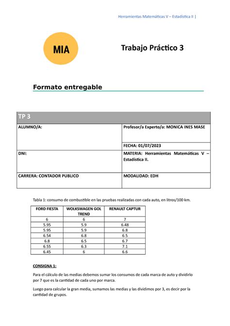 TP3 TP 3 A DESARROLLAR Herramientas Matemáticas V Estadística II