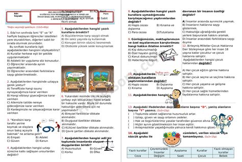 4 Sınıf İnsan Hakları 2 Dönem 1 Yazılı Test Klasik PDF 2022 HangiSoru