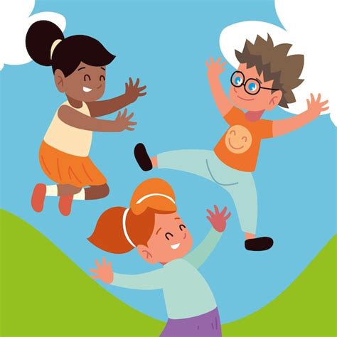Enfants Heureux Sautant Ensemble Dessin Animé Vecteur Premium