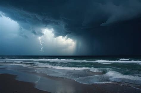 Premium AI Image Storm Clouds And Lightning Over The Ocean With View
