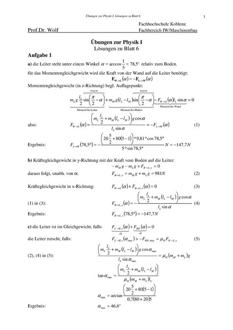 Phys I blatt 6 loes Physik 1 Übung Übungen zur Physik I Lösungen