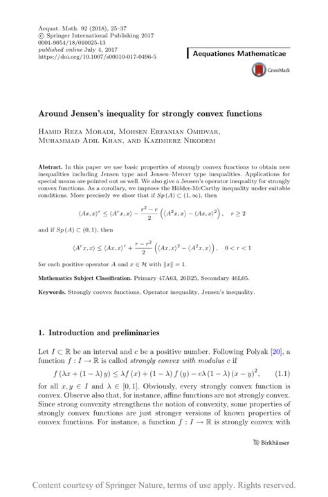 around jensen s inequality for strongly convex functions request pdf