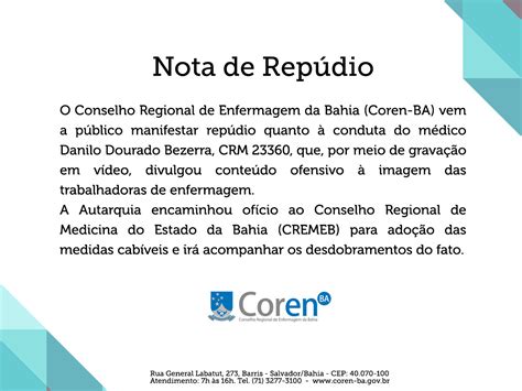 Nota de Repúdio Conselho Regional de Enfermagem da Bahia