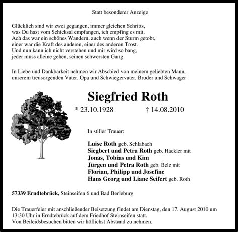 Traueranzeigen Von Siegfried Roth Trauer In NRW De