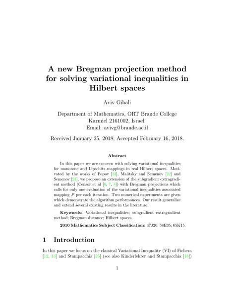 pdf a new bregman projection method for solving variational inequalities in hilbert spaces