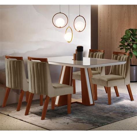 Conjunto Sala De Jantar Mesa Madri Tampo Mdf E Vidro E Cadeiras