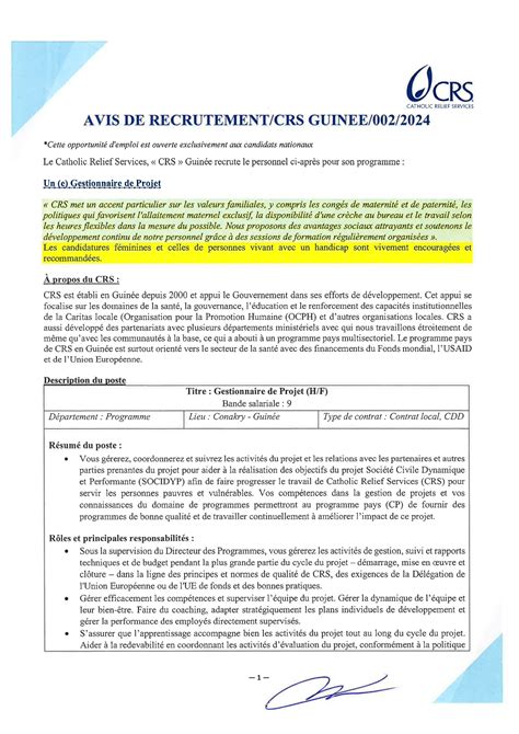 CRS Avis De Recrutement D Un E Gestionnaire De Projet Journal