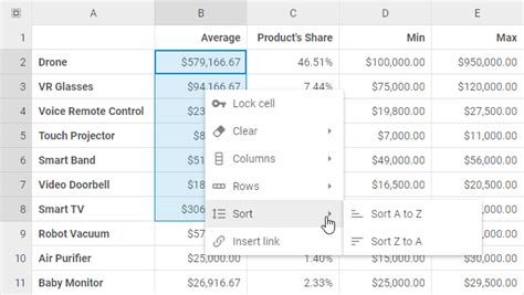 sorting data dhtmlx javascript spreadsheet docs