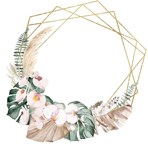 Marcos De Acuarela De Boda Boho Con Hojas Tropicales Beige Y Verde
