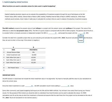 Solved 1 Capital Budgeting Related Functions What Functions Chegg