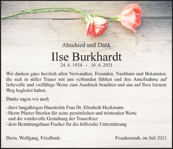 Traueranzeigen von Ilse Burkhardt Schwarzwälder Bote Trauer