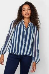 M Co Navy Blue Stripe Tie Neck Blouse M Co