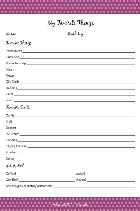 My Favorite Things List Printable