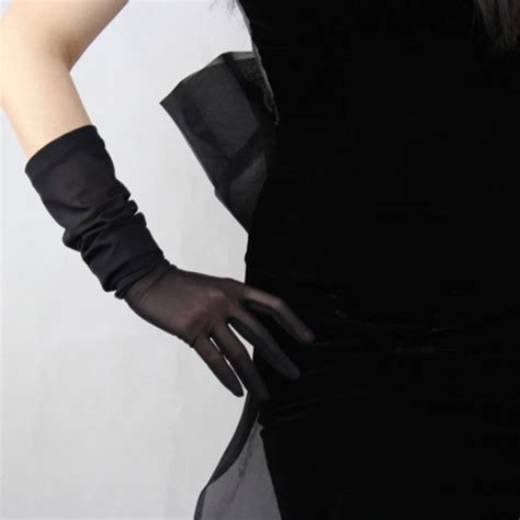 Ultra Thin Long Women S Black Silk Gloves Retro Black Mesh Hot Drilling