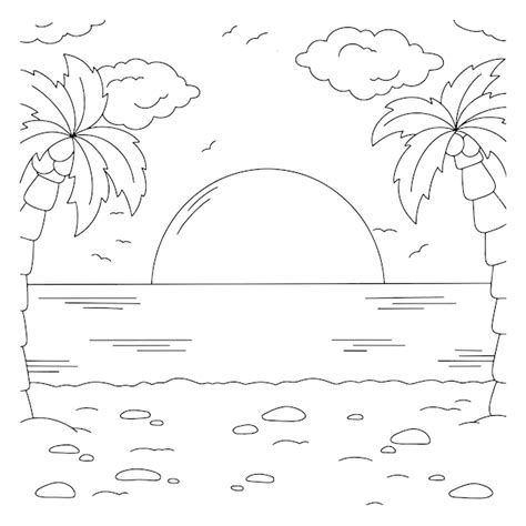 Maravilloso paisaje natural con playa Página de libro para colorear