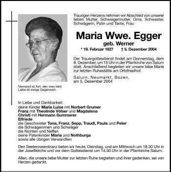 Traueranzeigen Von Maria Egger Trauer Bz