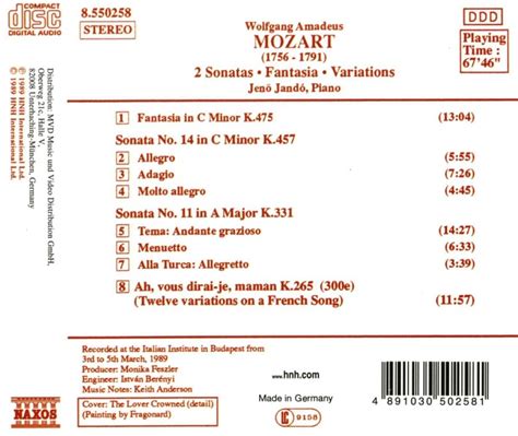 C M D Mozart Piano Sonatas Nos 11 And 14 Fantasia In C Minor CD