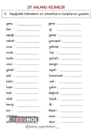 Zıt Anlamlı Kelimeler Çalışmas Eduhol Etkinlik İndir Oyun Oyna