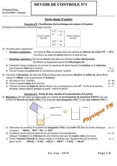 3 ème Sc expérimentales Physique Devoir de contrôle N1 corrigé