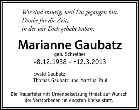 Traueranzeigen Von Marianne Gaubatz Trauer Op Online De