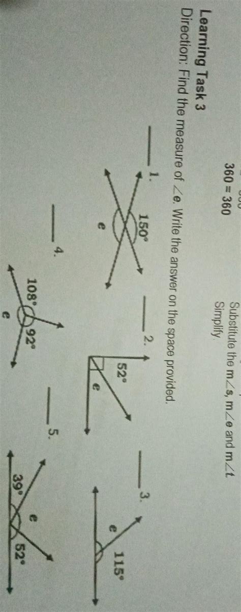 Learning Task 3 Find The Measure Of E Write The Answer On The Space