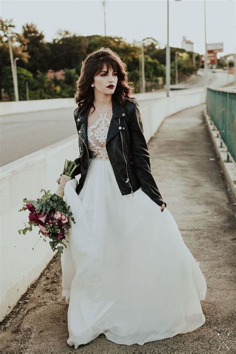 An Edgy Bridal Look Done With A Black Leather Jacket And A Dark Lip