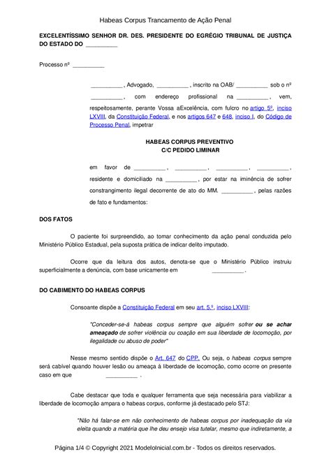 Modelo Habeas Corpus Trancamento de Ação Penal
