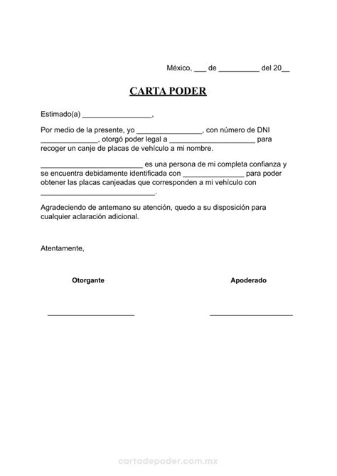 Carta Poder Para Canje De Placas Ejemplos Word Y Pdf