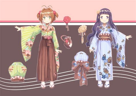 2girls Bow Brownhair Cardcaptorsakura Daidoujitomoyo Flowers Greeneyes Japaneseclothes