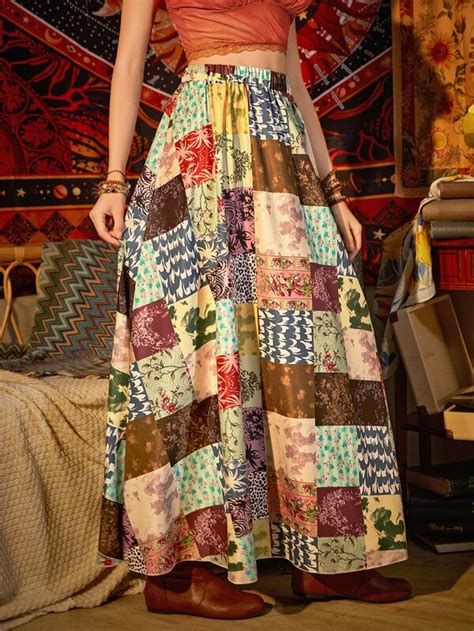 ROMWE Hippie High Waist Patchwork Print Skirt SHEIN USA