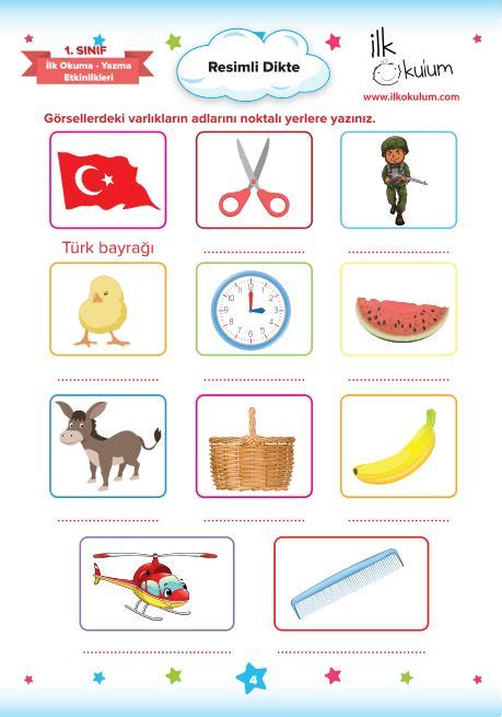 1 Sınıf Okuma Yazma Anlama T sesi Resimli Dikte Etkinliği
