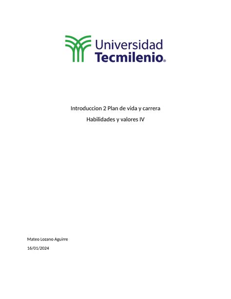 Habilidades Y Valores IV Introduccion 2 Introduccion 2 Plan De Vida Y