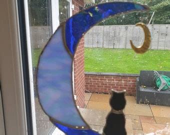 Stained Glass Black Cat On The Moon Suncatcher Window Etsy