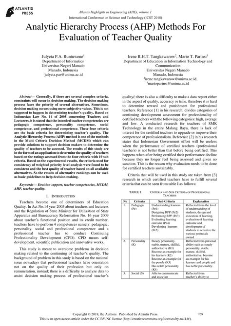 pdf analytic hierarchy process ahp methods for evaluation of teacher quality