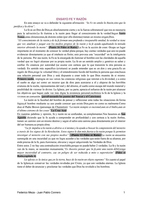 Ensayo FE Y Razón Informe de la relacion entre fe y razon ENSAYO FE
