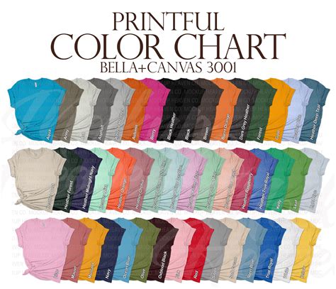 Etsy Shop Printful Bella Canvas 3001 Color Chart Size Chart T Shirt
