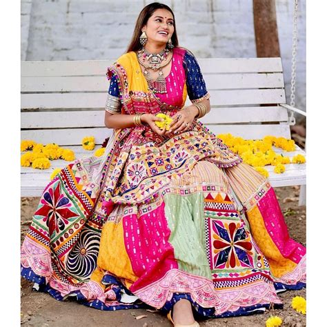 Multicolor Cotton Print And Mirror Work Gujarati Garba Navratri Leheng