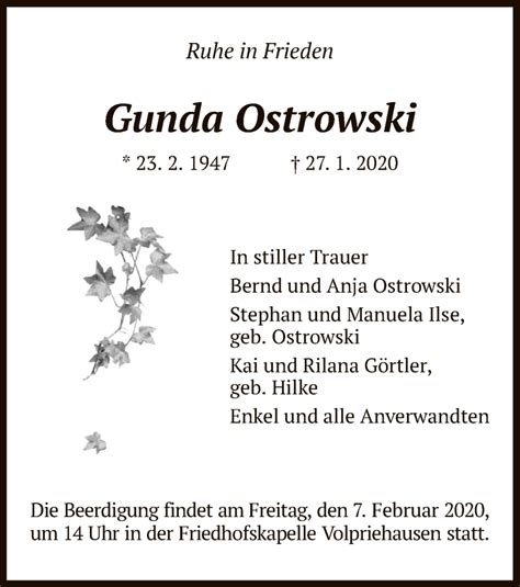 Traueranzeigen Von Gunda Ostrowski Trauer HNA De